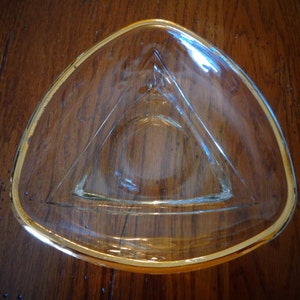 Vintage Triangle Shaped Gold Rimmed Glass Bowl, Candy Dish, 1960's ...