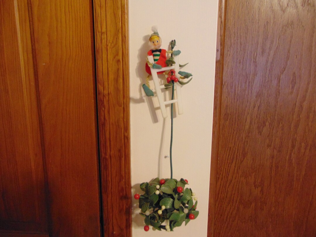 Vintage 1950's Hanging Christmas Mistletoe With Elf on A Ladder, Made ...