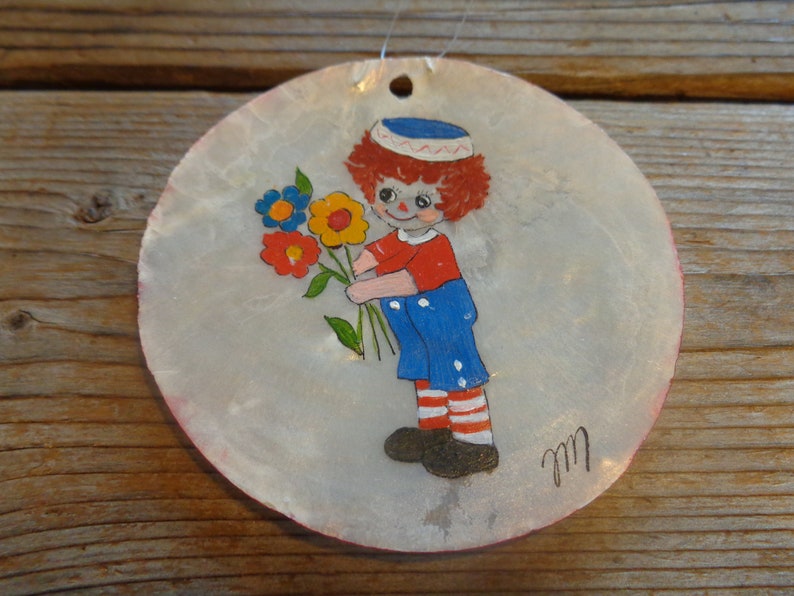 Vintage Raggedy Andy Christmas Ornament, Hand Painted on Capiz Shell ...