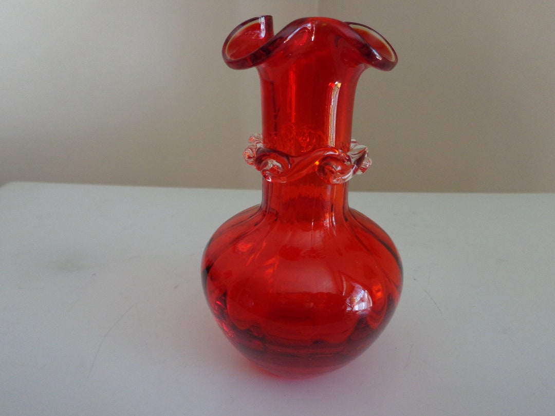Vintage Ruffle Top Amberina Blenko Red Glass Vase,hand Blown,1960's ...
