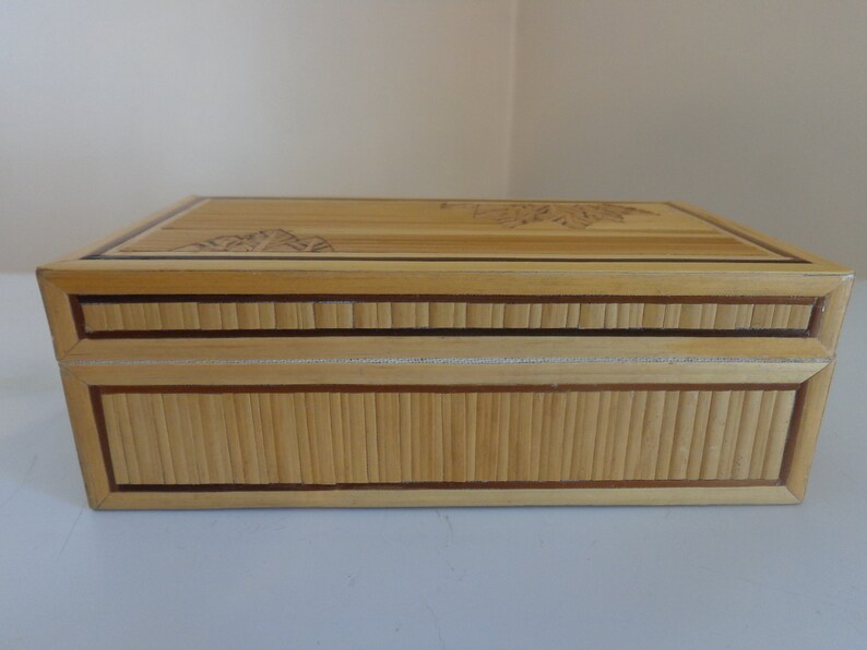 Vintage Bamboo Wood Box With Inlaid Leaf Designs & Brown Velvet ...