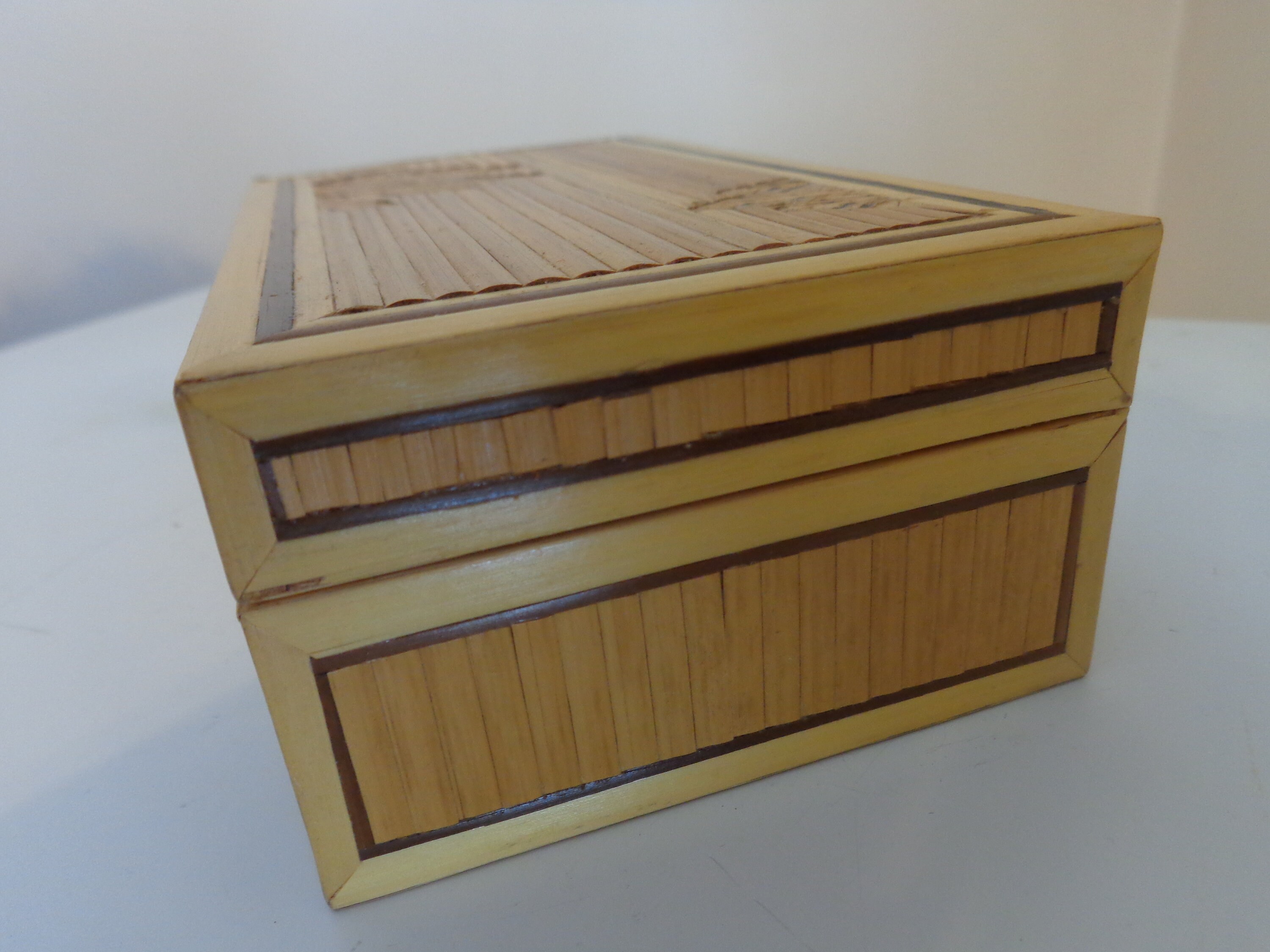 Vintage Bamboo Wood Box With Inlaid Leaf Designs & Brown Velvet ...