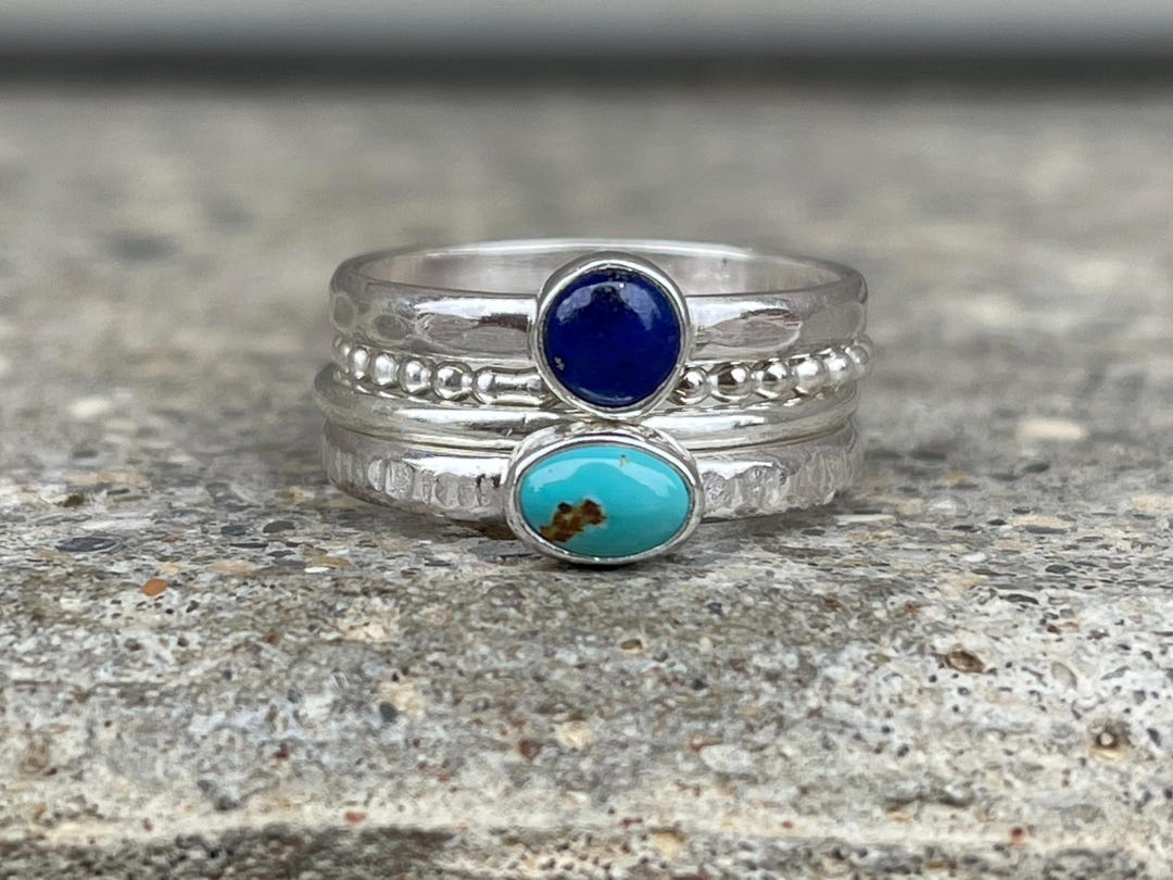 Natural Lapis Lazuli and Dyer Blue Turquoise Stacking Rings set of 3, Sterling Silver Gemstone ...