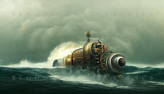 AI Art Steampunk Ship Submarine Jules Verne Ocean Storm Clouds - Etsy