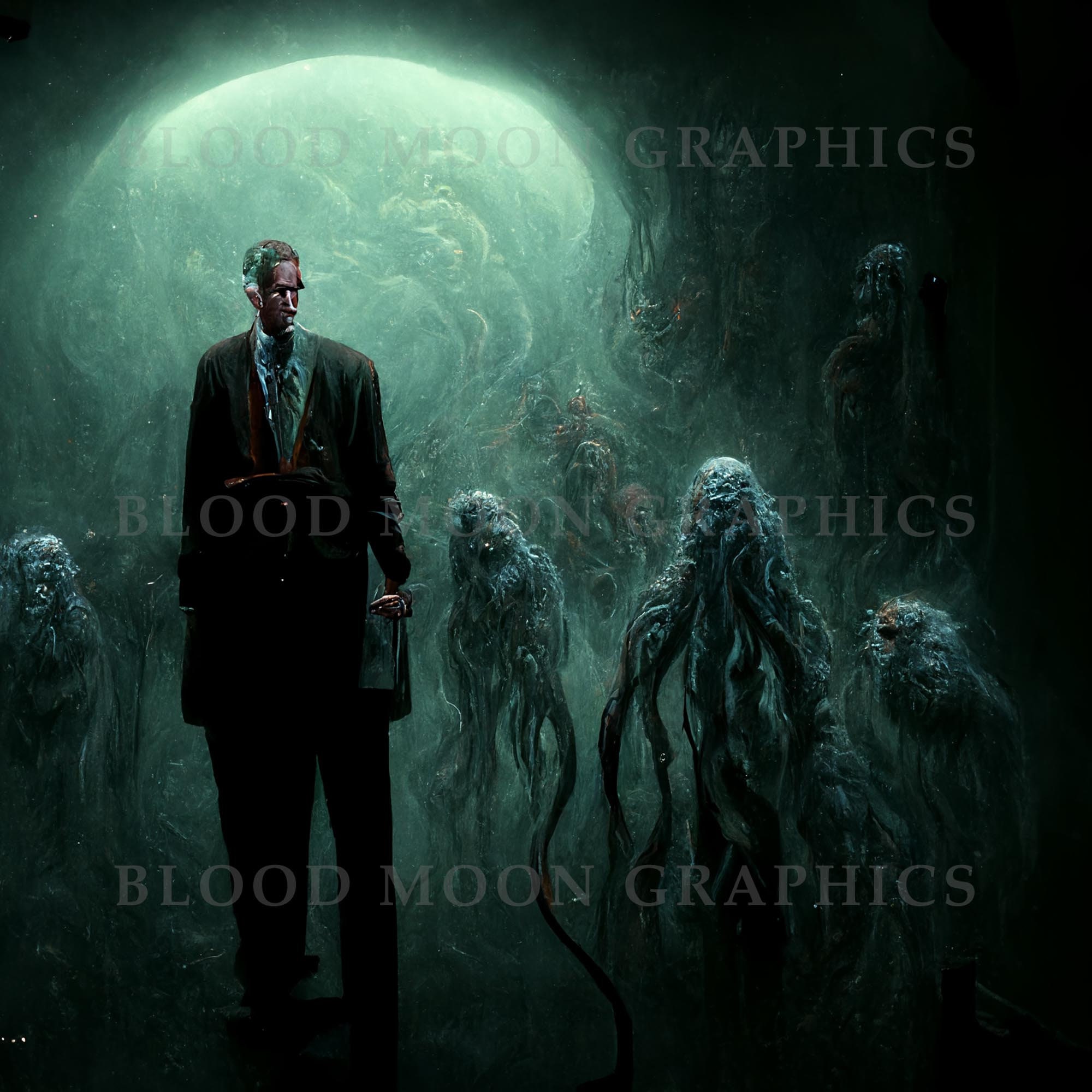 Ai Art H P Lovecraft With Monsters Demons Cthulhu Mythos Green