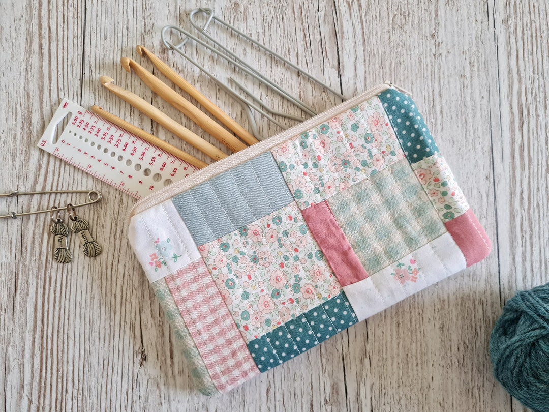 Patchwork Quilted Knitting Crochet Notion Bag Pencil Case Pouch Floral ...