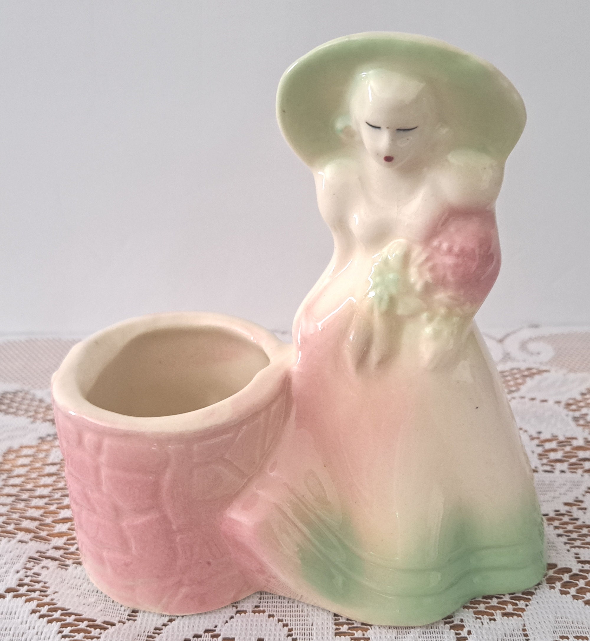 Shawnee Pottery Southern Belle Lady at Wishing Well Planter Made in ...