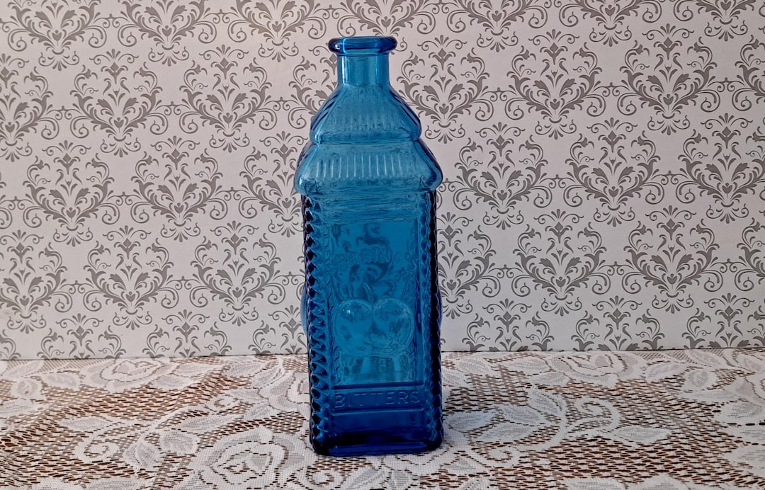 Vintage Wheaton Blue Glass Berrings Apple Bitters Bottle 9-1/2 Tall ...