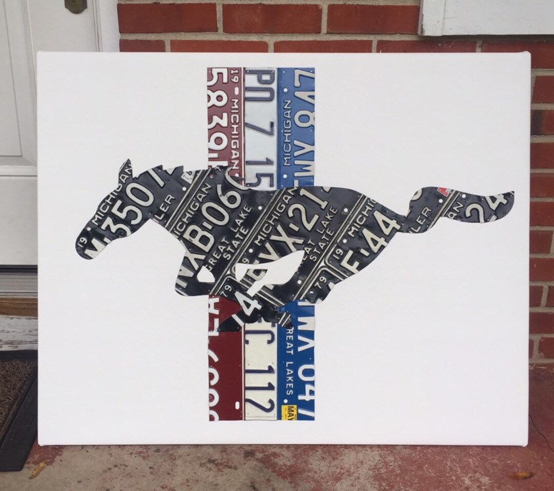 Ford Mustang License Plate Art 40”x32" Recycled Handmade Folk Art Matt ...