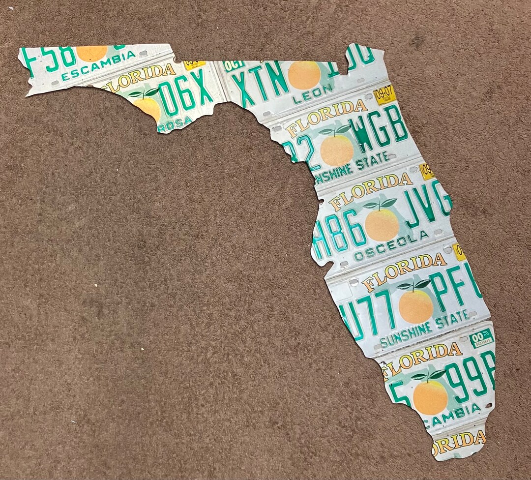 Florida License Plate Map 36"x36" Recycled Handmade Folk Art Matt Black ...