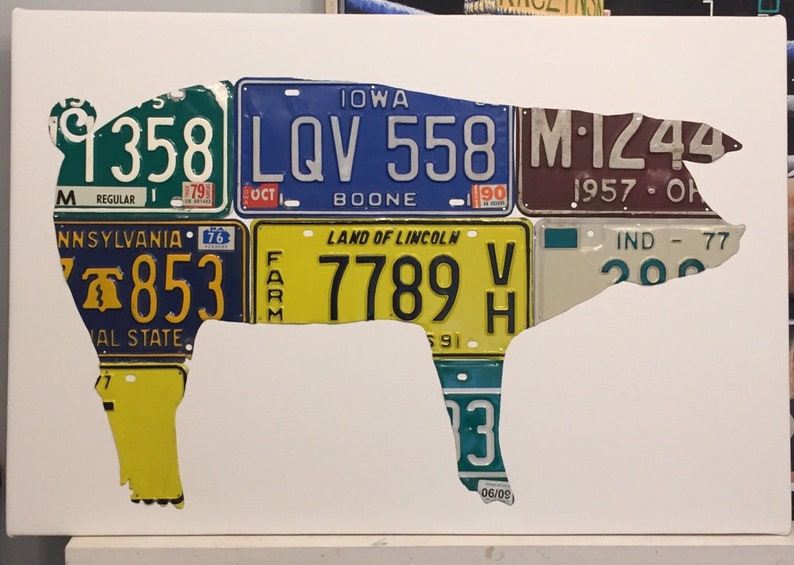 Pig License Plate Art 33"x22" Recycled Handmade Folk Art Matt Black - Etsy