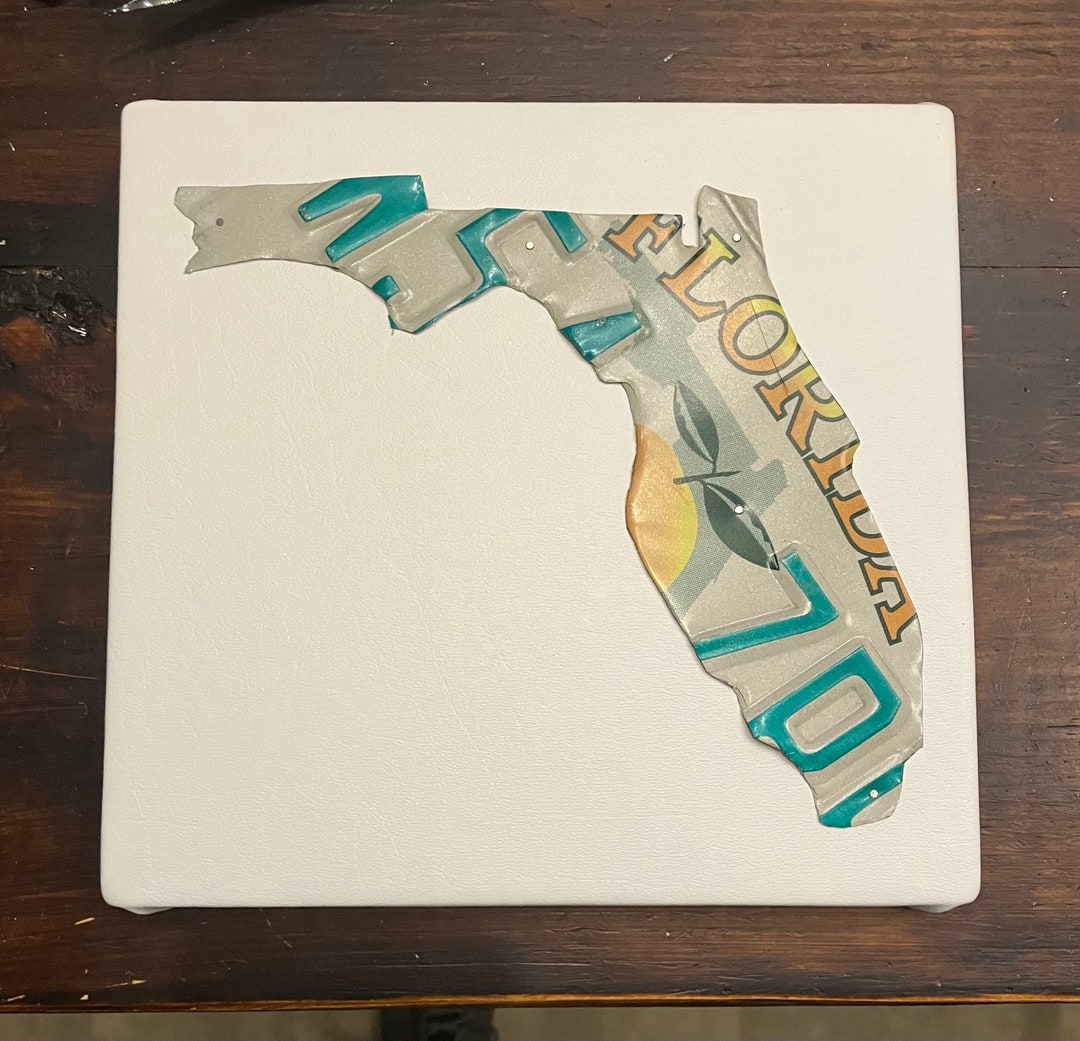 Florida License Plate Map 10"x10" Handmade Vintage Folk Art Matt Black ...