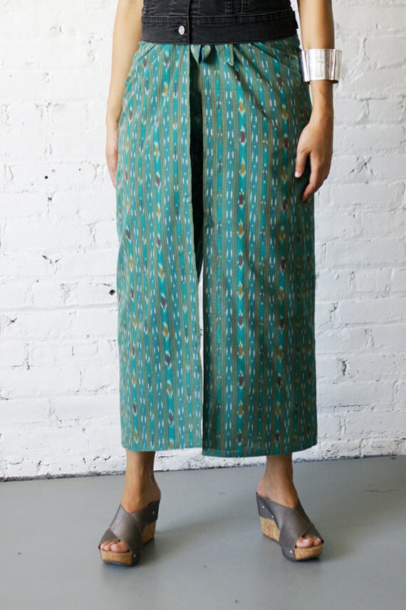 Aqua Teal Green Wide Leg Wrap Pants Palazzo Pants Cotton Handwoven Ikat ...