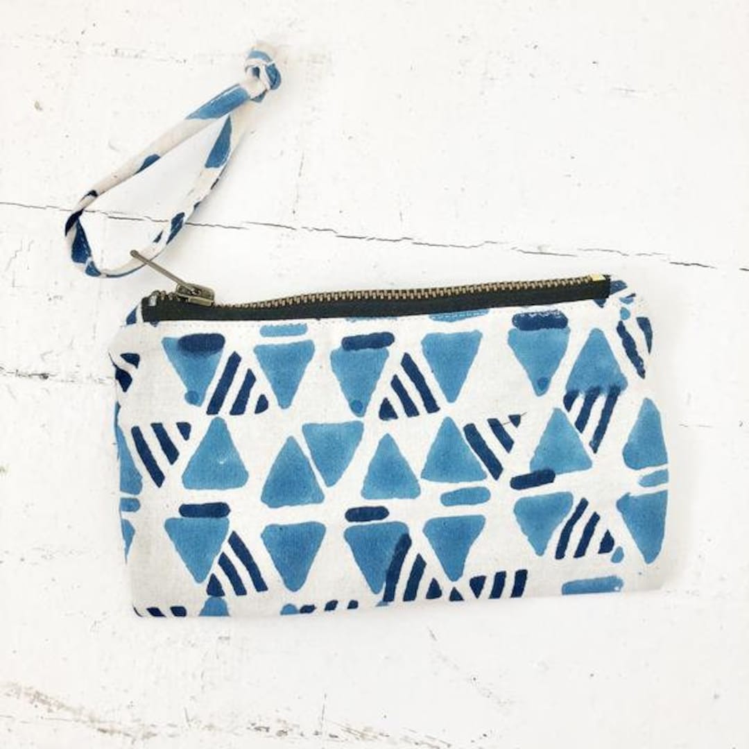 Blue Triangle Block Print Small Zipper Pouch Phone Case Wallet - Etsy