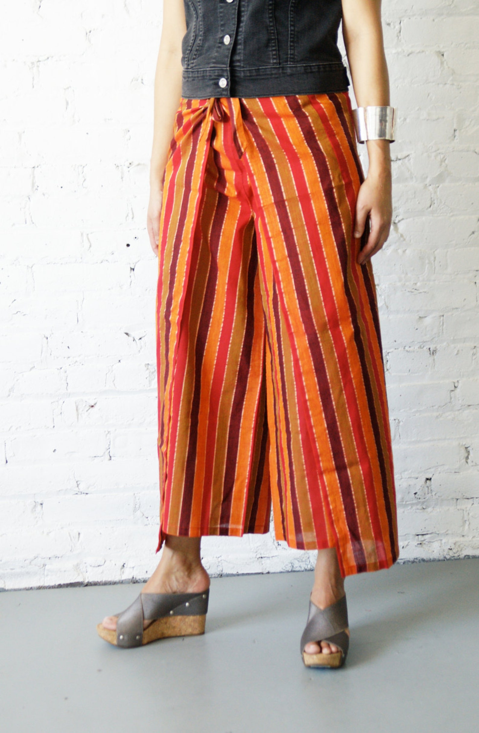 Orange Melon Multi Stripe Wrap Pants- Wide Leg Pants- Handwoven Cotton ...