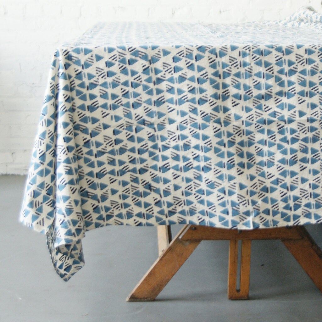 Cotton Block Print Tablecloth- Indigo Blue Triangle Geometric - Etsy