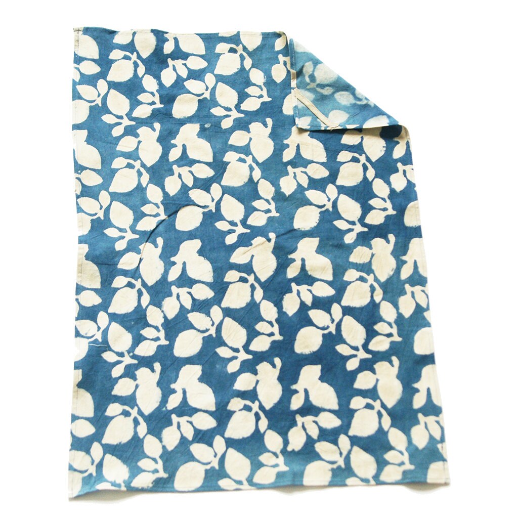 Indigo Blue Cotton Tea Towel Handprinted Kitchen Towel Leaf Pattern ...