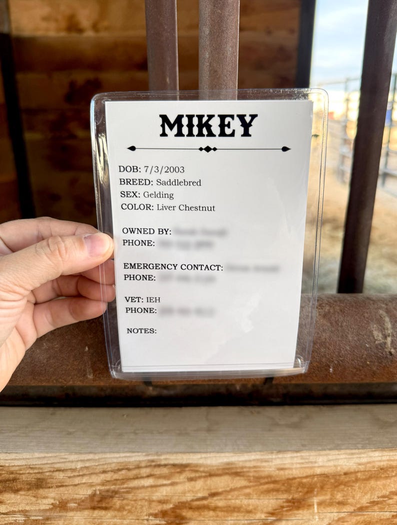 Custom Horse Stall Card | Emergency Contact & Identification ...