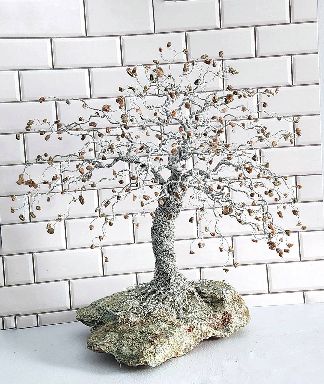 Wire Oak Tree Sculpture With Autumn Jasper Gemstones, 19 Tall, Bonsai ...