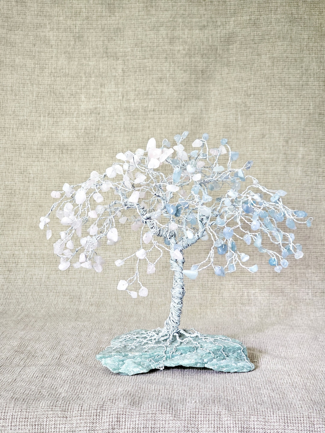 Weeping Willow Gem Tree With Rose Quartz & Aquamarine Crystals, Reiki ...