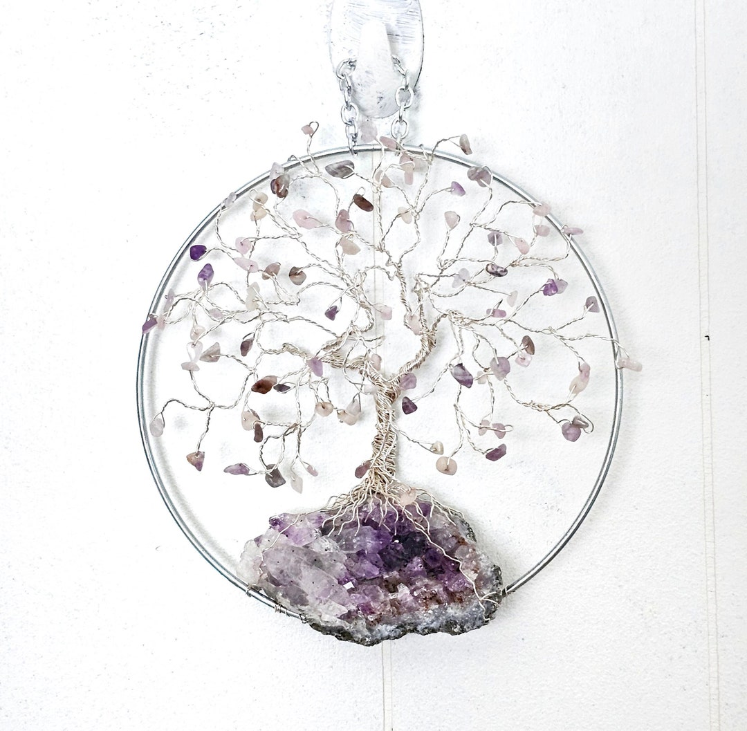 Hanging Kunzite Wire Tree Suncatcher on Amethyst Rock Base Silver Wire ...