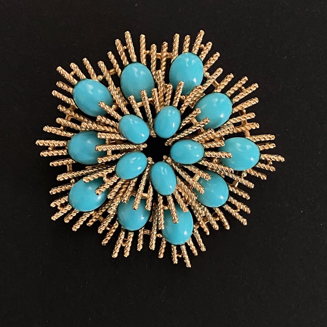 AVON Gold Tone & Turquoise Blue Resin Mid Century Atomic Brooch - Etsy
