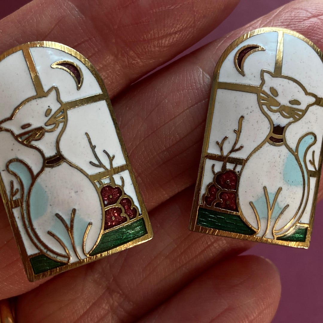 Fab Cat in a Window Laurel Burch Style Cloisonné Clip-on Earrings - Etsy