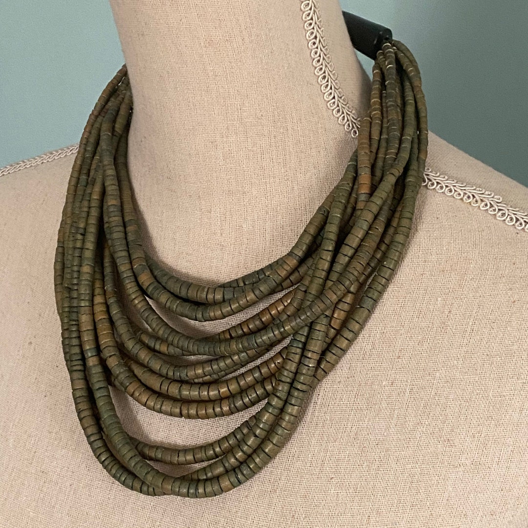 GERDA LYNGGAARD MONIES Multi Strand Olive Green and Tan Bead & Carved ...