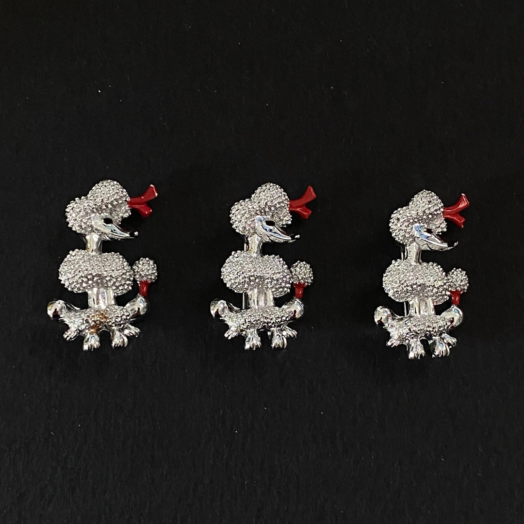 Three Adorable 1950s Silver Poodle With Enamelled Red Bow Scatter Pins ...