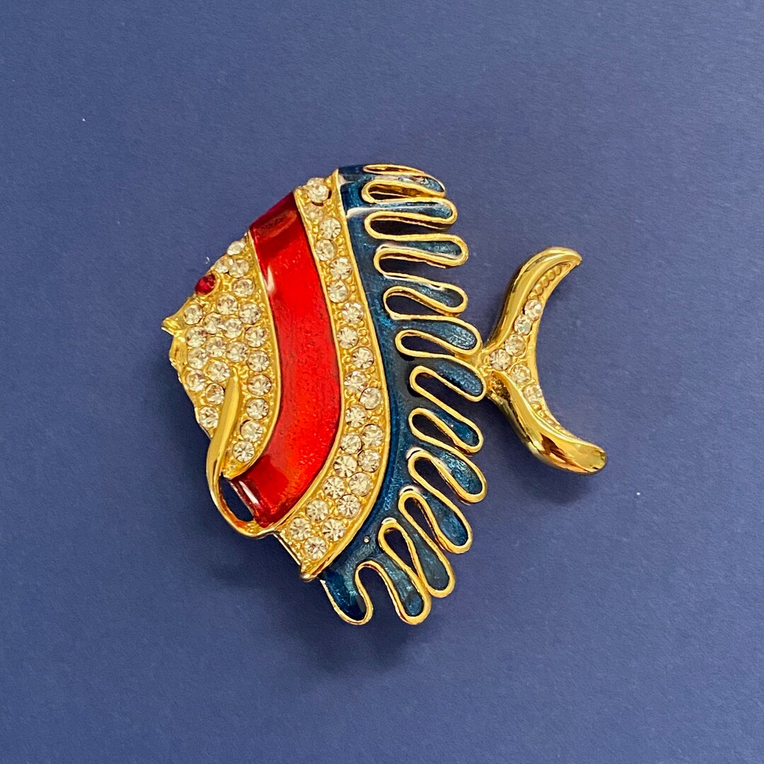 GIOVANNI Red & Blue Enamelled Gold and Rhinestone Angel Fish Brooch - Etsy