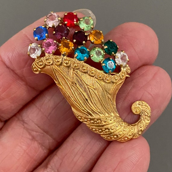 Sweet B. DAVID Tutti Frutti Crystal Glass Stone Gold Plate Cornucopia Horn of Plenty Brooch Etsy