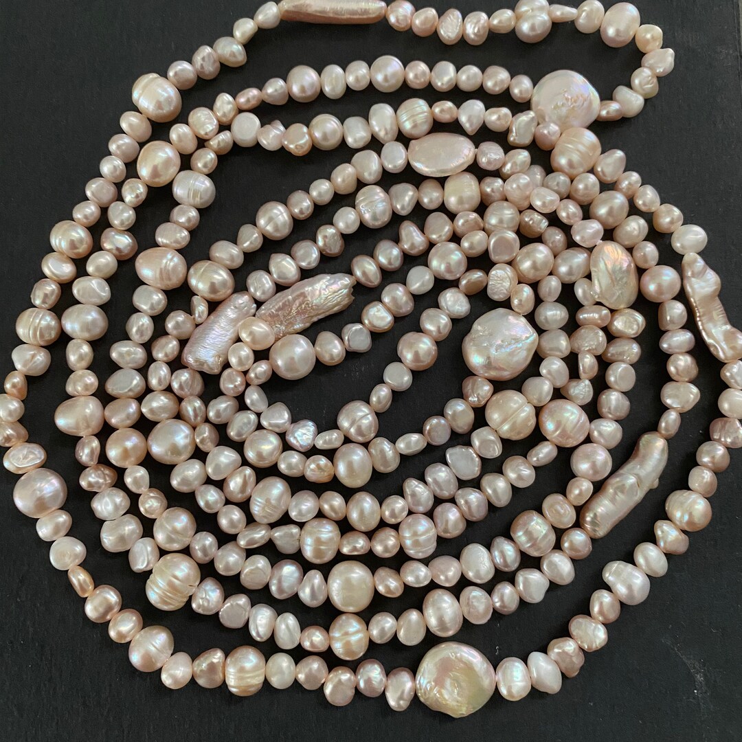 Flapper Length Creamy Rosy Freshwater Pearl Rope Necklace Etsy