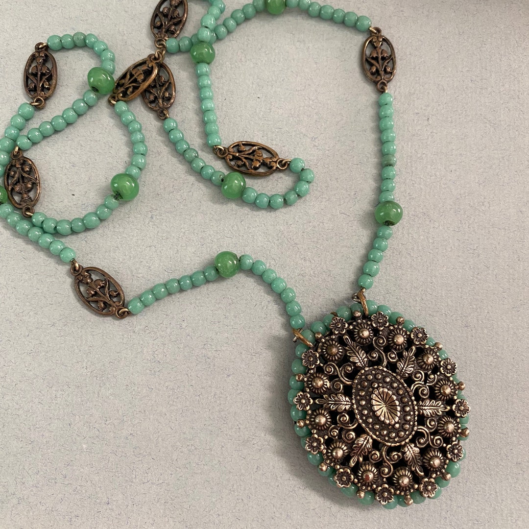 Neiger Brothers Style Art Deco Green Jadite Bead & Silvered Filigree ...