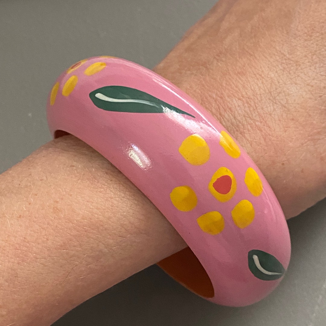 Hand Painted Pink Wood Bangle Bracelet With Yellow Flowers & Green ...