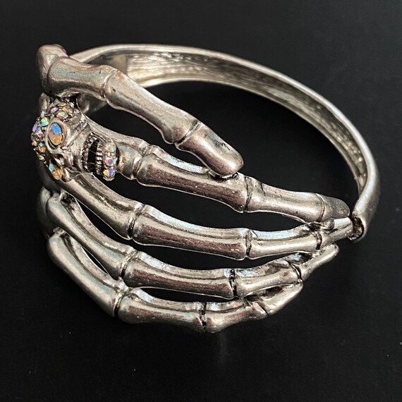 Gothic Punk Silver Tone Skeleton Hand Bejewelled Skul… - Gem