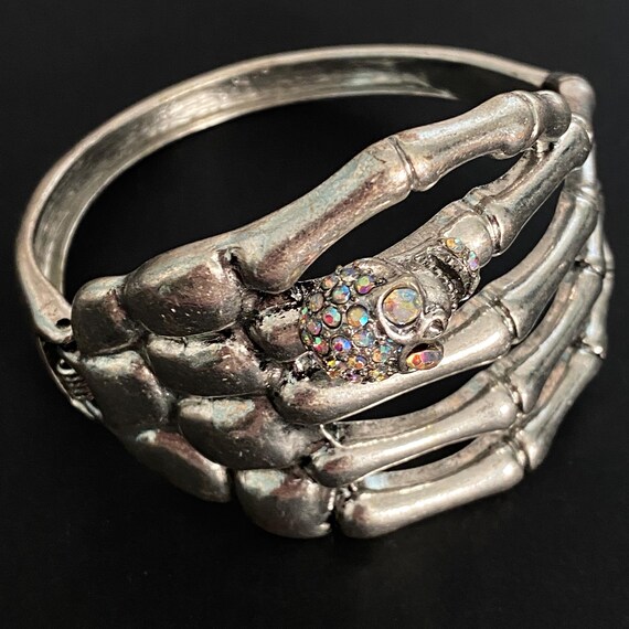Gothic Punk Silver Tone Skeleton Hand Bejewelled Skul… - Gem