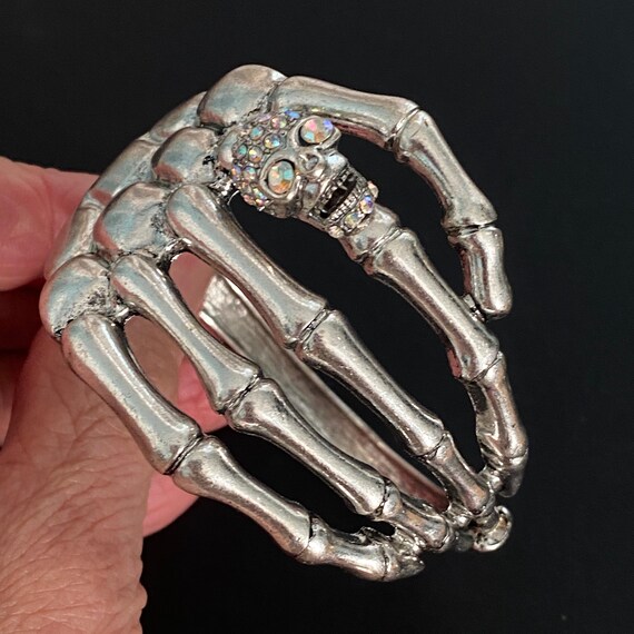 Gothic Punk Silver Tone Skeleton Hand Bejewelled Skul… - Gem