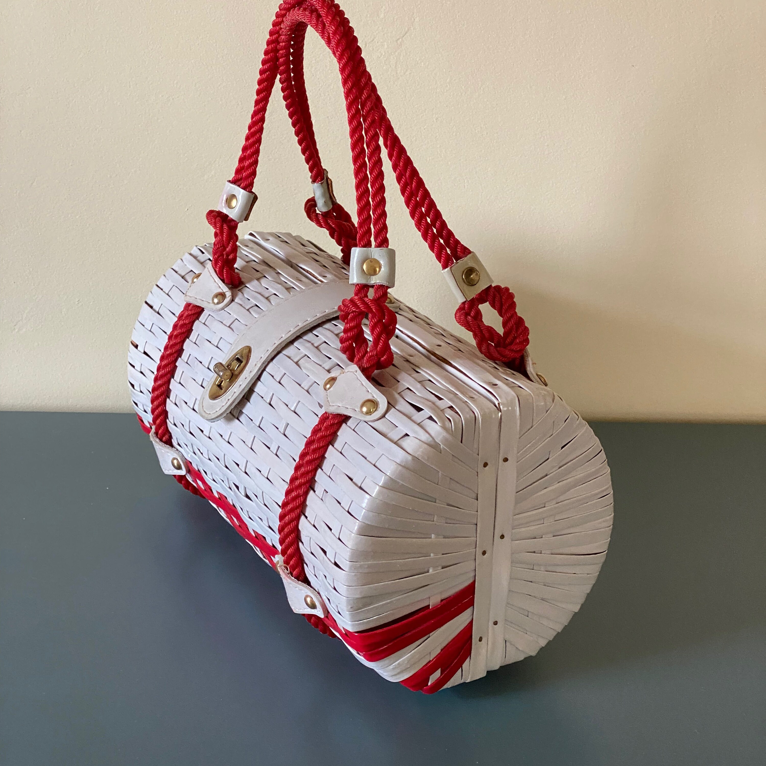 Mid Century Made in Hong Kong White Wicker & Red Rope Top - Etsy