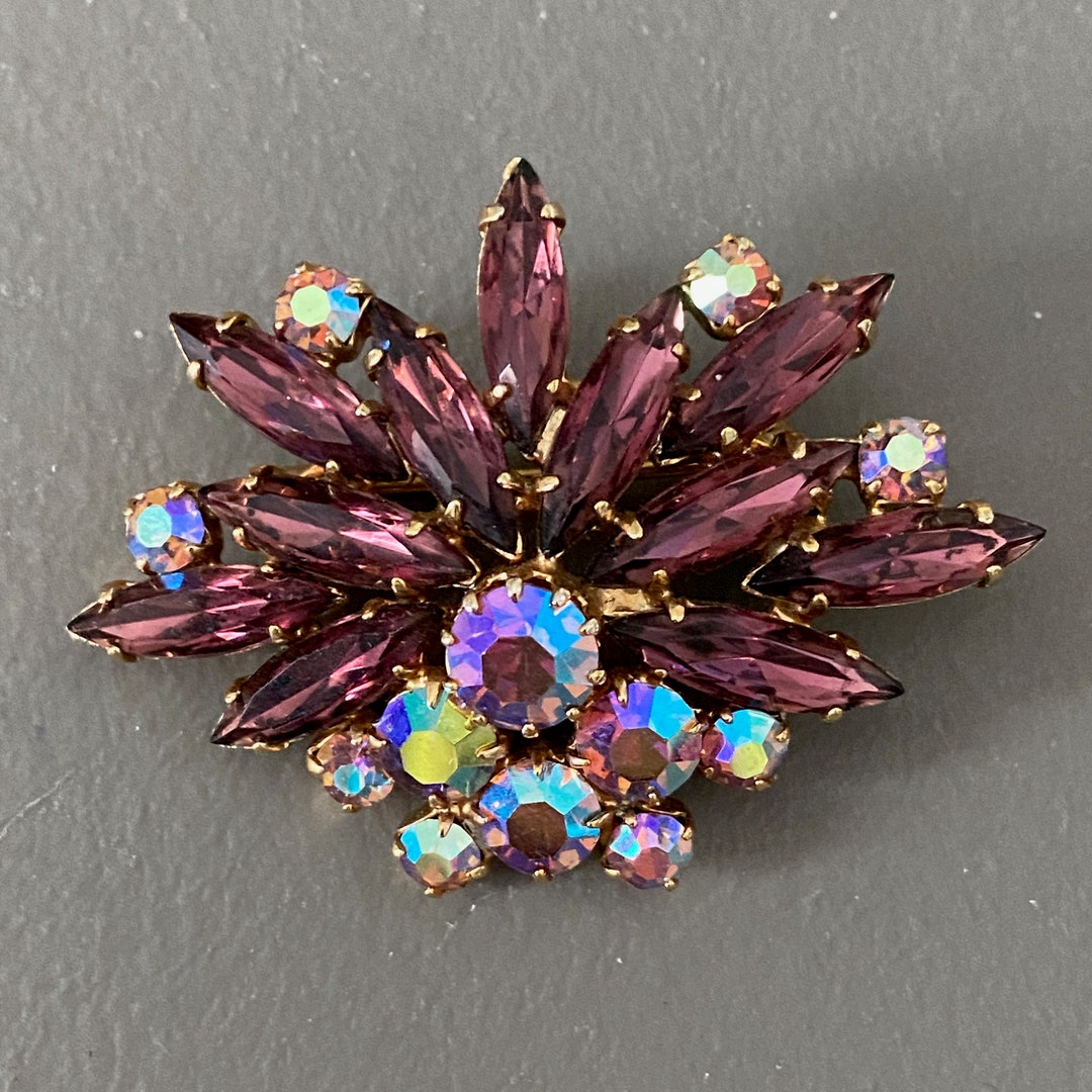 Mid Century Amethyst and Aurora Borealis Austrian Crystal Brooch - Etsy