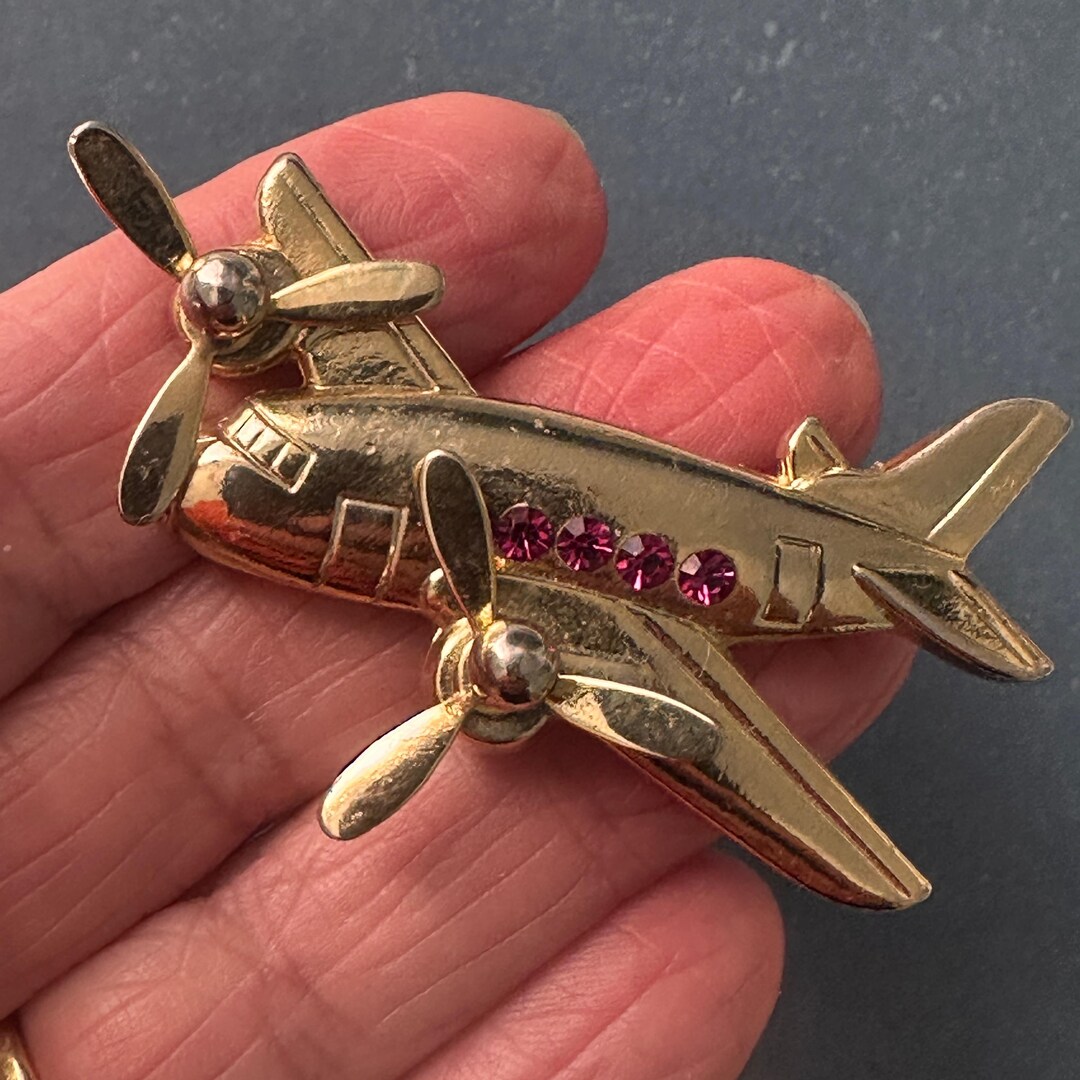 Rare Mid Century Gold Tone & Red Rhinestone Propeller Airplane Kinetic ...