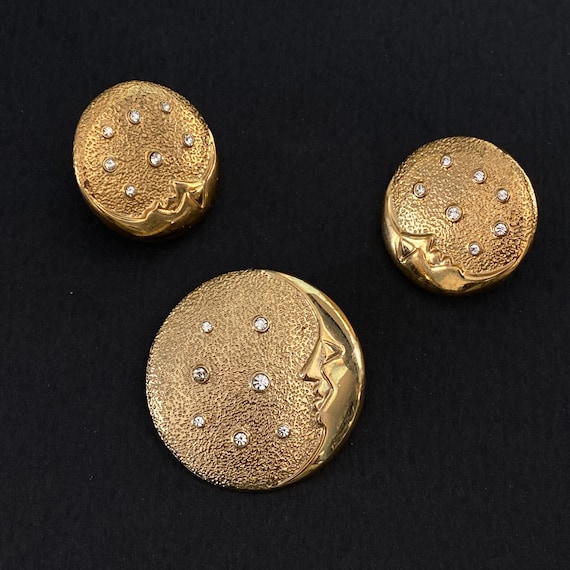 Whimsical BUTLER Moon & Stars Brooch / Earring Set - Gem