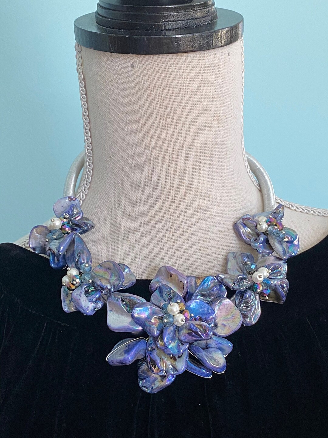 Gorgeous Iridescent Blue-dyed MOP Shells, AB Crystal and Pearl Bead ...