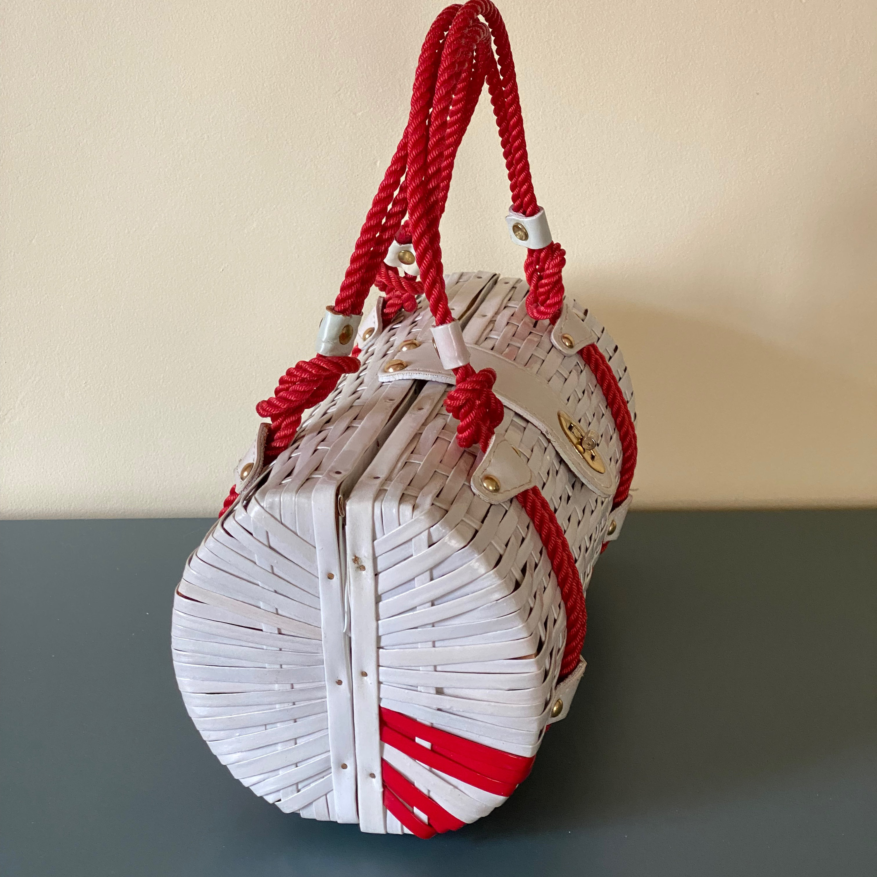 Mid Century Made in Hong Kong White Wicker & Red Rope Top - Etsy