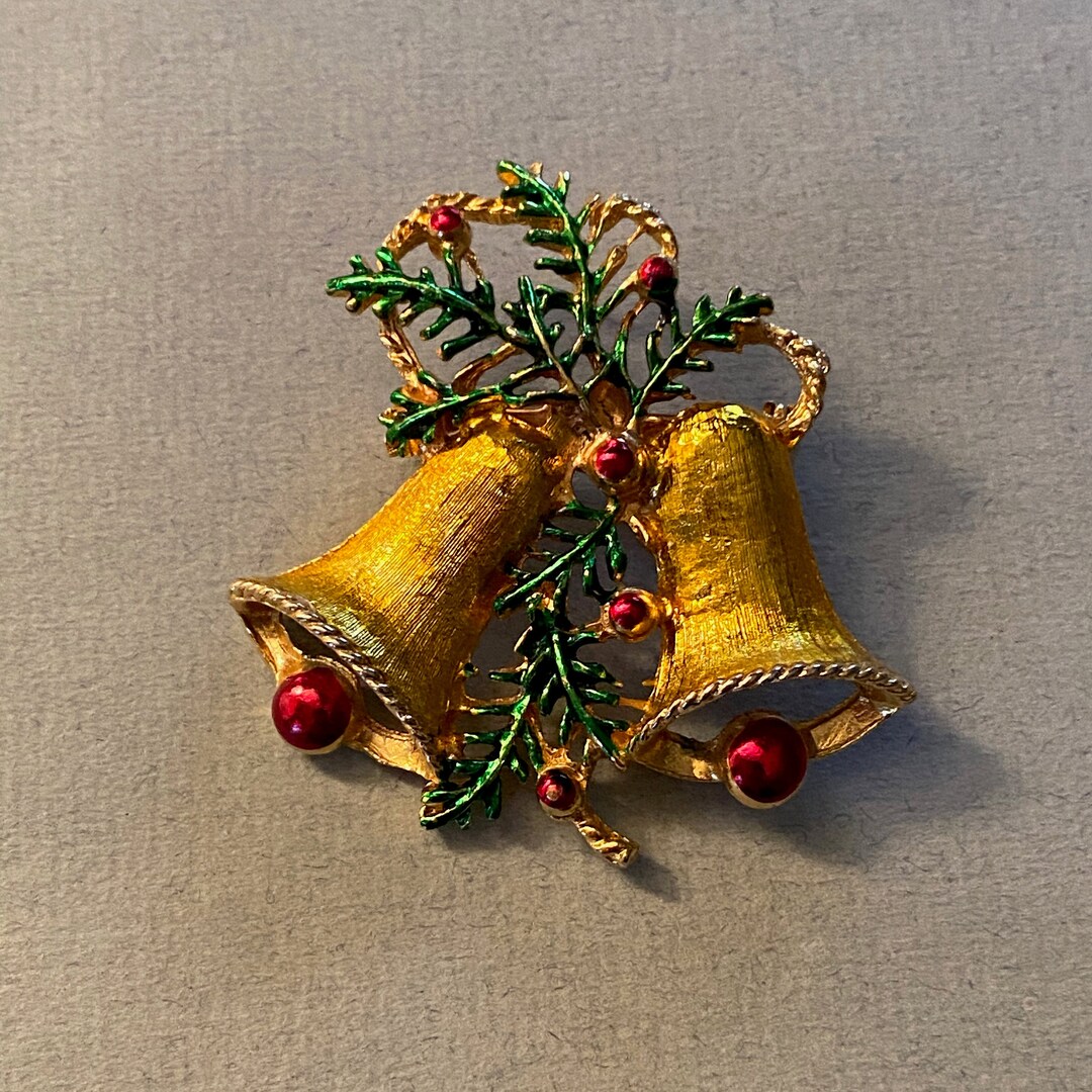 Pretty Golden Bells & Mistletoe Christmas Brooch - Etsy