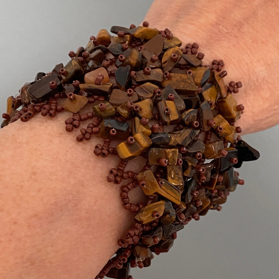 Gorgeous Wide Handcrafted Tiger Eye & Brown Seed Bead Adjustable Cuff ...