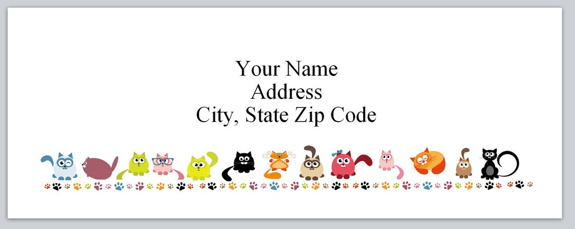 30 Personal Address Labels Row of Cartoon Cats With Paw Prints (bx 207 ...