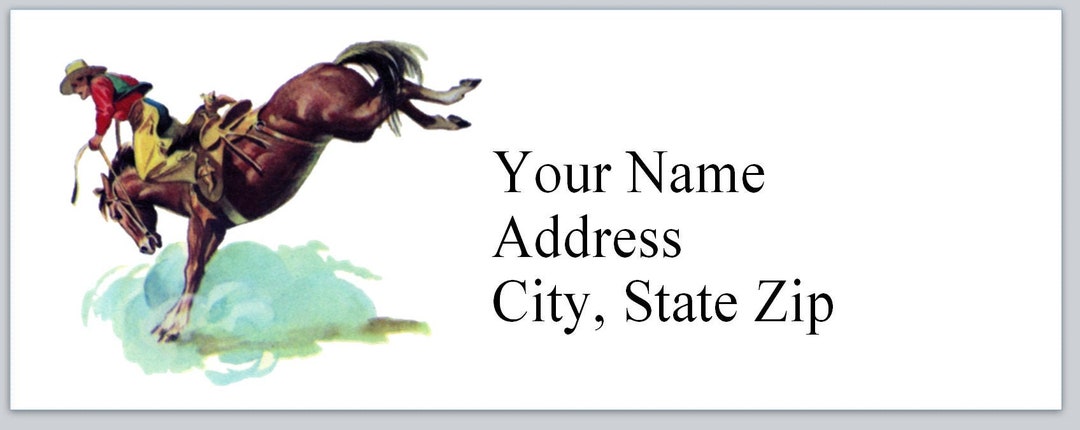 30 Personal Address Labels Western Cowboy at Rodeo on Bucking Bronco (p ...