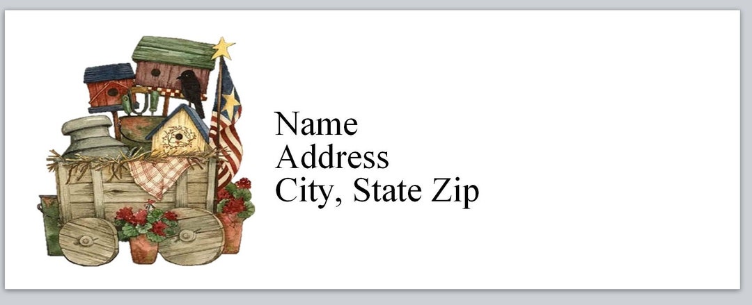 30 Personal Address Labels Primitive Country Wheelbarrow American Flag ...