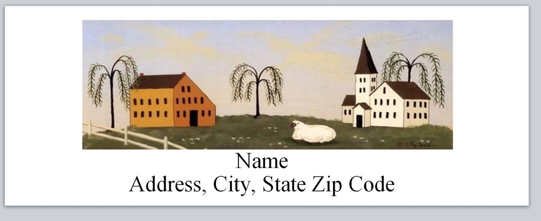 30 Personal Address Labels Primitive Country Side Church House Sheep(p ...