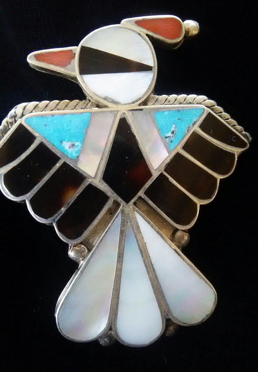 Zuni Thunderbird Pin Turquoise-coral-onyx-mother of Pearl Inlay in ...